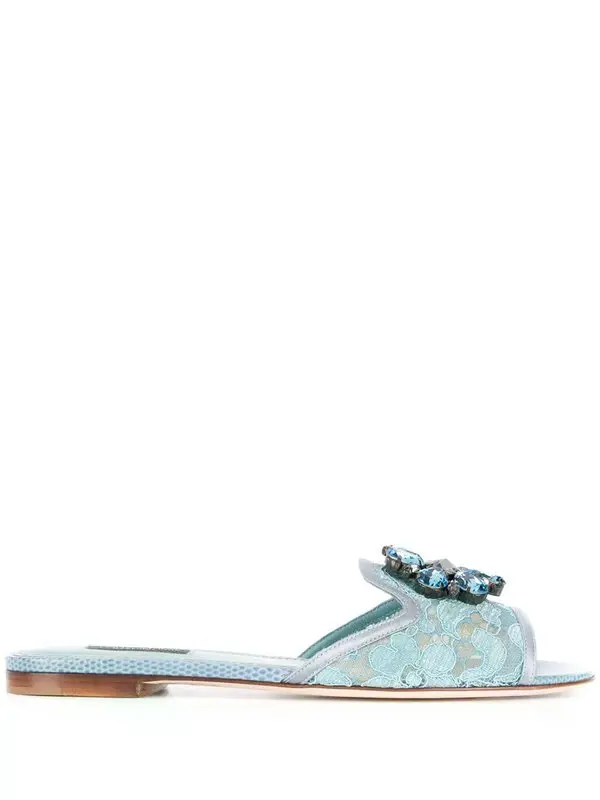 Dolce & Gabbana Bianca Crystal-embellished Lace Slides - Blue