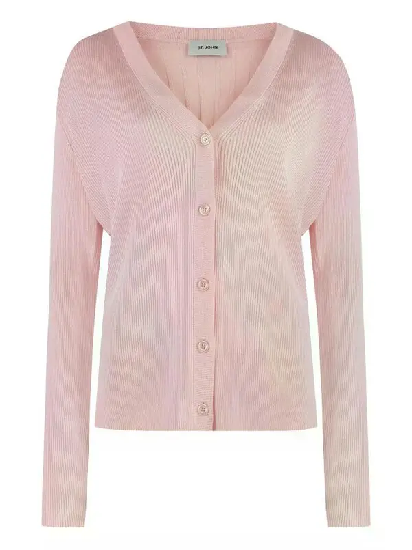 St. John Ribbed Button-up Cardigan With Deep V-neckline