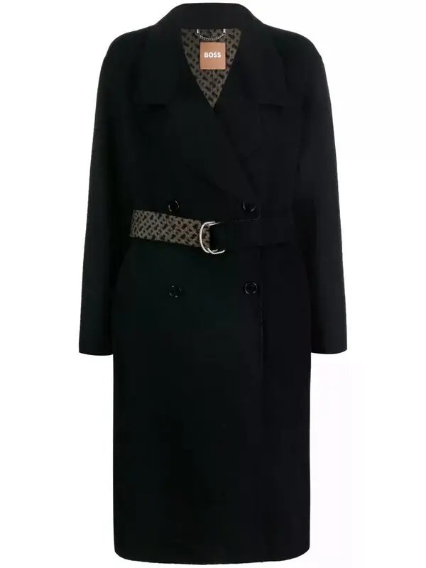 BOSS Monogram-jacquard Belted Wool-blend Coat