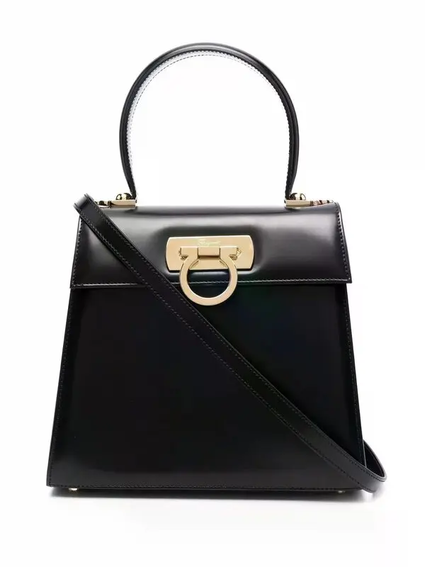 FERRAGAMO Gancini Flip-lock Leather Bag - Black