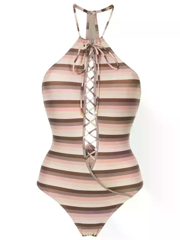 AMIR SLAMA Striped Lace-up One-piece Swimsuit - Neutrals