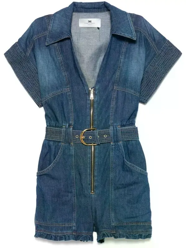 Elisabetta Franchi Belted Denim Romper - Blue