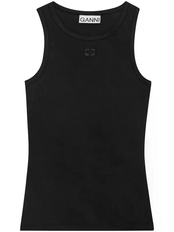 GANNI Ribbed Cotton Tank Top With Butterfly Logo - Black