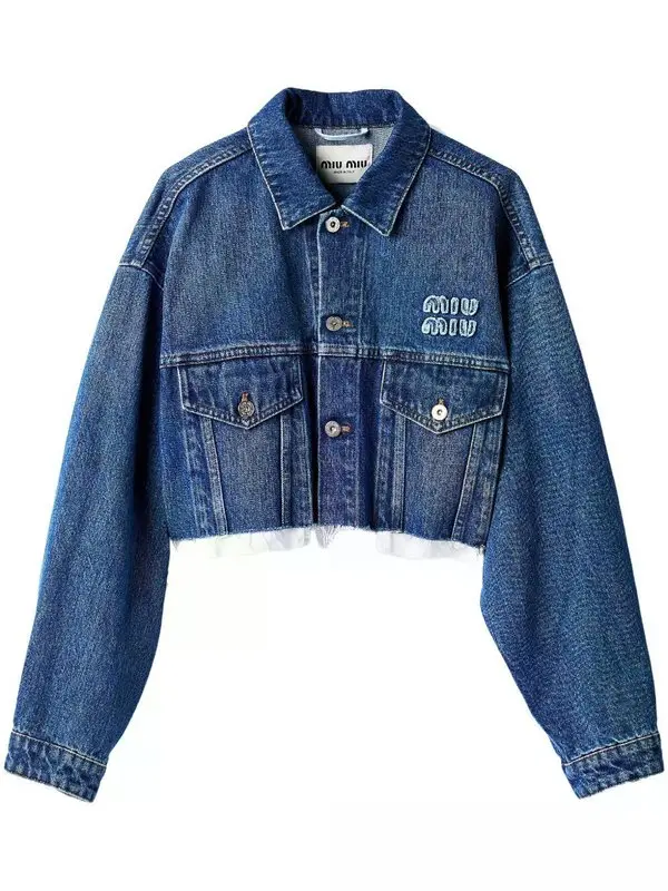 Miu Miu Cropped Denim Blouson Jacket With Embroidered Logo - Blue