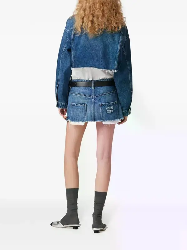 Miu Miu Cropped Denim Blouson Jacket With Embroidered Logo - Blue