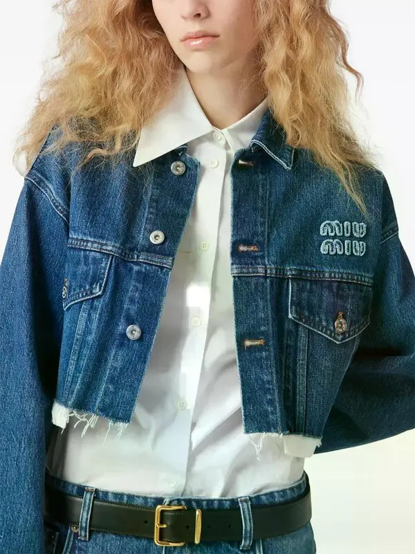 Miu Miu Cropped Denim Blouson Jacket With Embroidered Logo - Blue