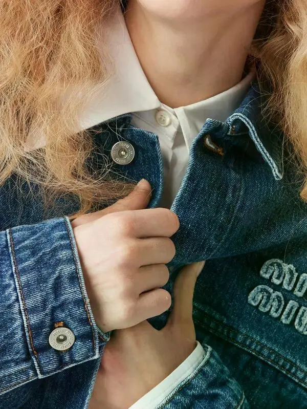 Miu Miu Cropped Denim Blouson Jacket With Embroidered Logo - Blue