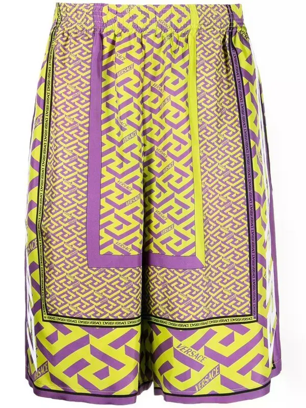 Versace La Greca-print Silk Shorts - Yellow