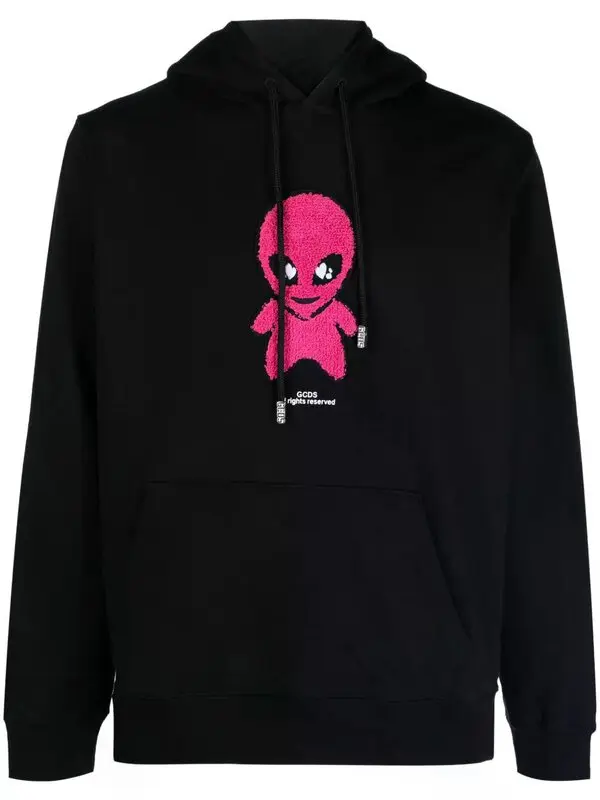 Gcds Alien-patch Cotton Hoodie - Black