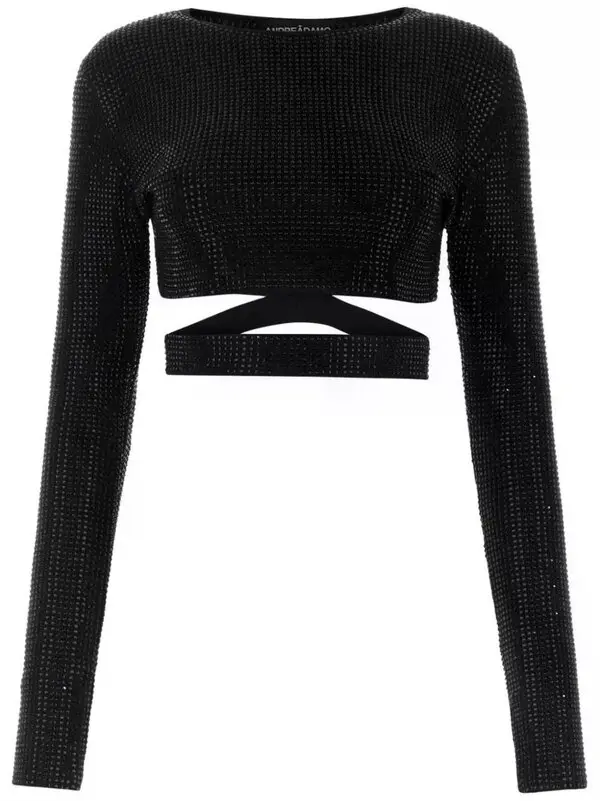 ANDREĀDAMO Embellished Cut-out Crop Top - Black