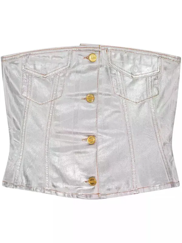 GANNI Foiled Organic Cotton Denim Top