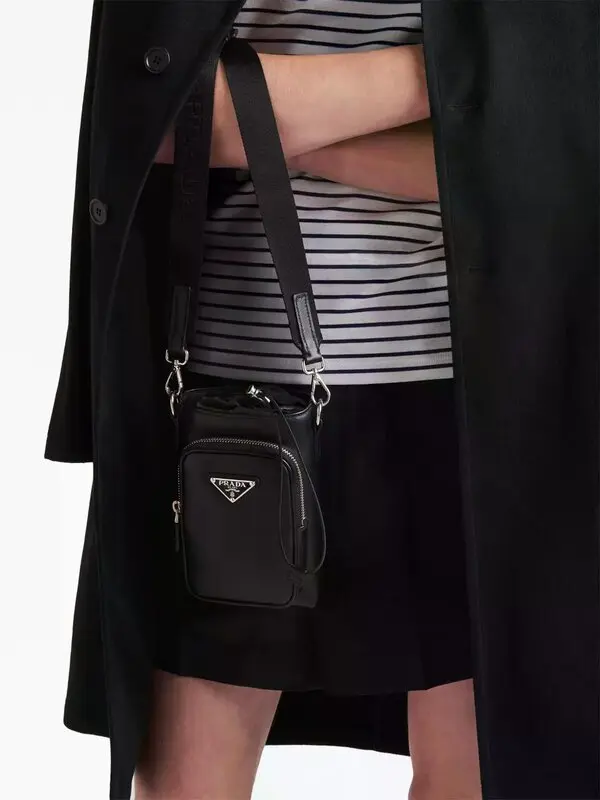 Prada Enamel-logo Leather Shoulder Bag - Black