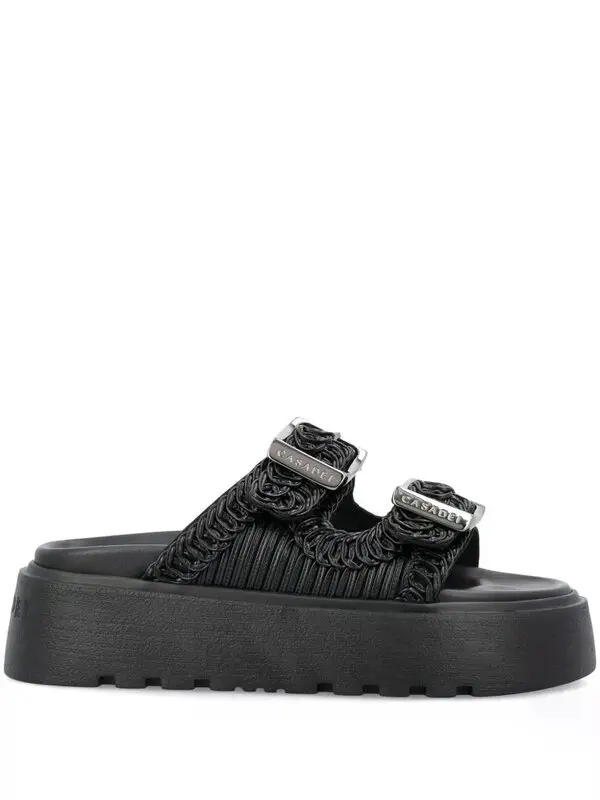 Casadei Leather Flatform Slides With Embroidered Motif - Black