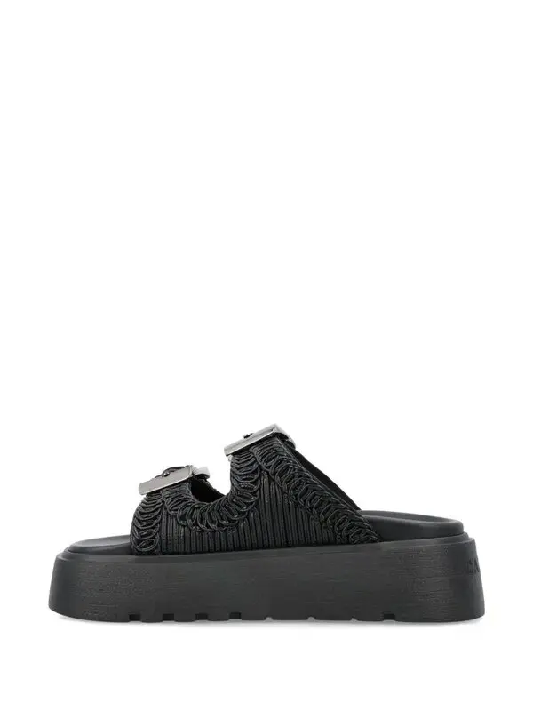 Casadei Leather Flatform Slides With Embroidered Motif - Black
