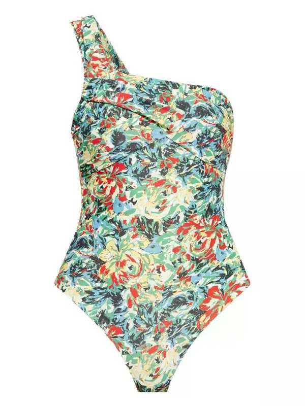 GANNI Floral-print One-shoulder Swimsuit - Blue