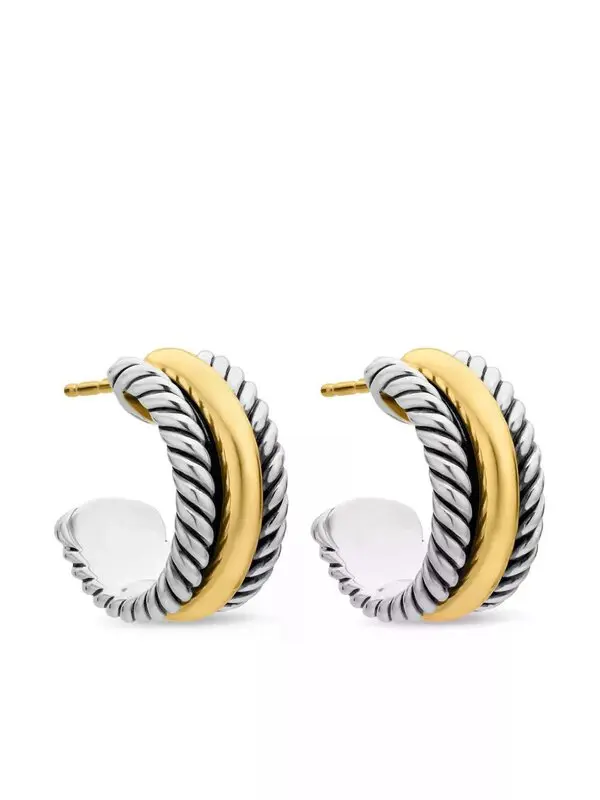 David Yurman 14k Yellow Gold And Sterling Cable Collectibles Huggie Hoop Earrings - Silver
