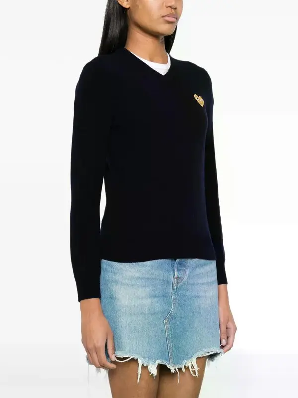 Play Comme Des Garcon Heart-patch V-neck Wool Sweater - Blue