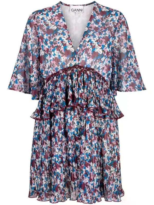 GANNI Pleated Floral-print Minidress - Blue