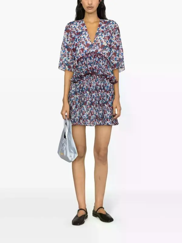 GANNI Pleated Floral-print Minidress - Blue