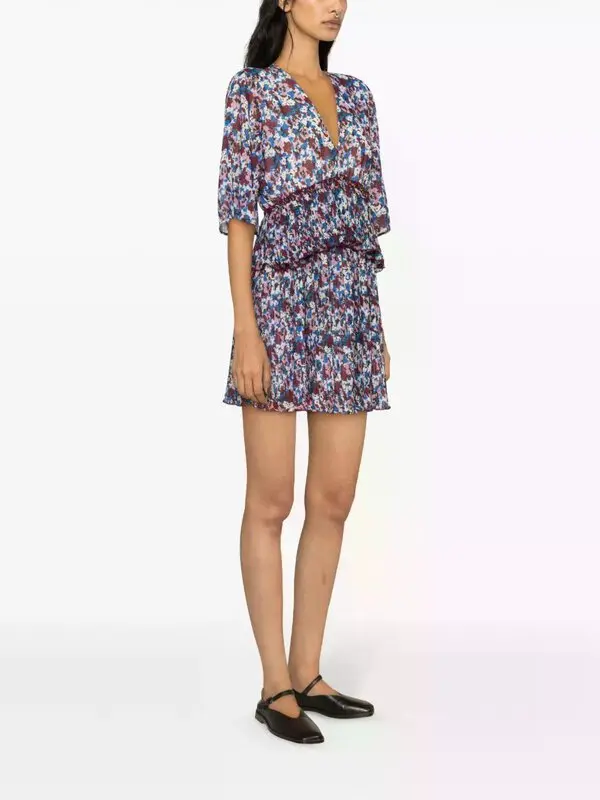 GANNI Pleated Floral-print Minidress - Blue