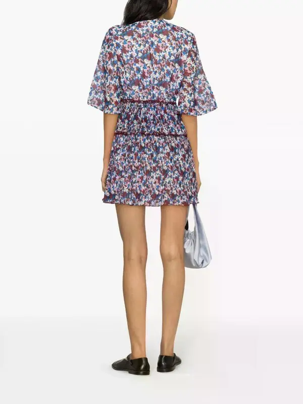 GANNI Pleated Floral-print Minidress - Blue
