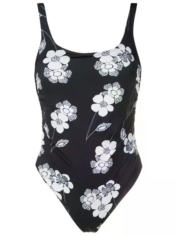 AMIR SLAMA Floral-print Scoop-back Swimsuit - Black