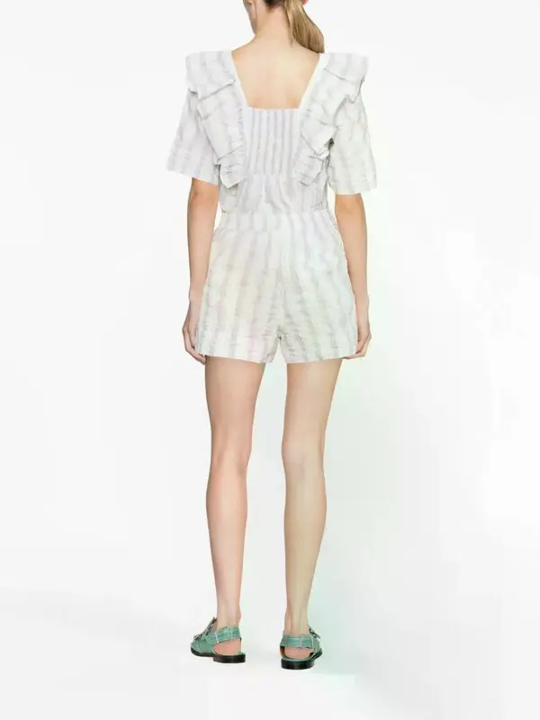 GANNI Striped Seersucker Ruffle Blouse