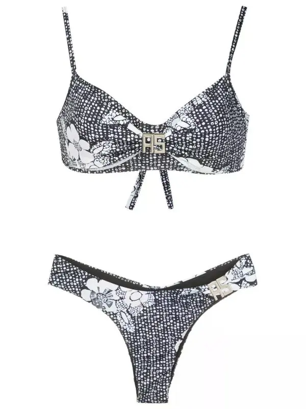AMIR SLAMA Logo-plaque Floral-print Bikini - Black