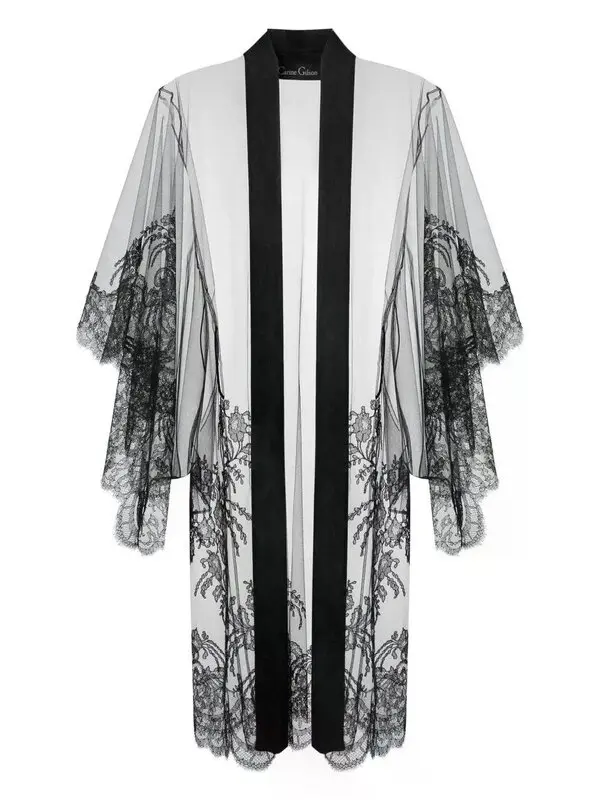 Carine Gilson Tulle Illusion Robe With Lace Appliqu - Black
