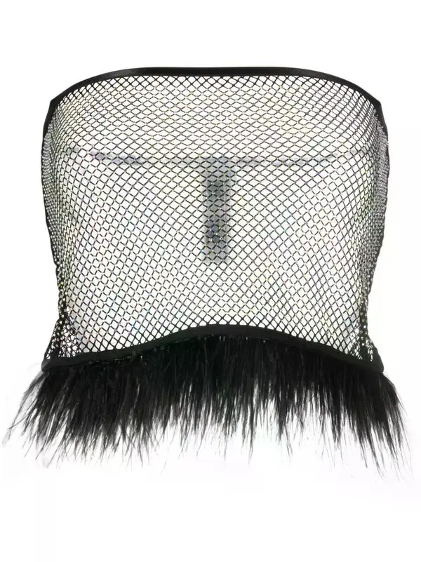 Patrizia Pepe Feather-trim Rhinestone Mesh Top - Black