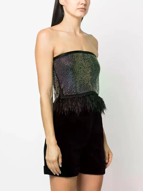Patrizia Pepe Feather-trim Rhinestone Mesh Top