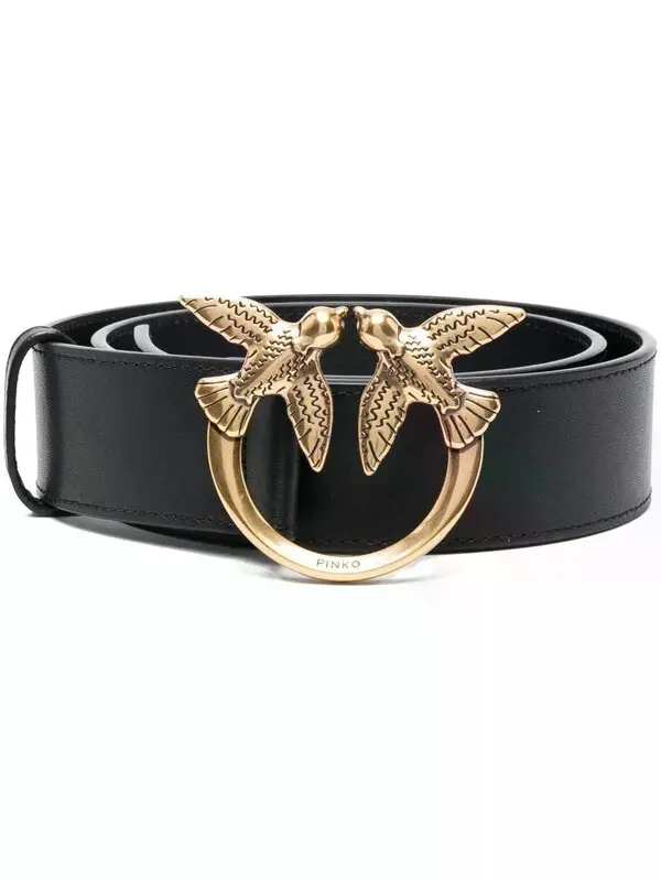 Pinko Love Birds Logo Plaque Leather Belt - Black