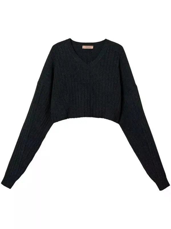 TWINSET Wool Blend Ribbed Knit Cropped V-neck Sweater