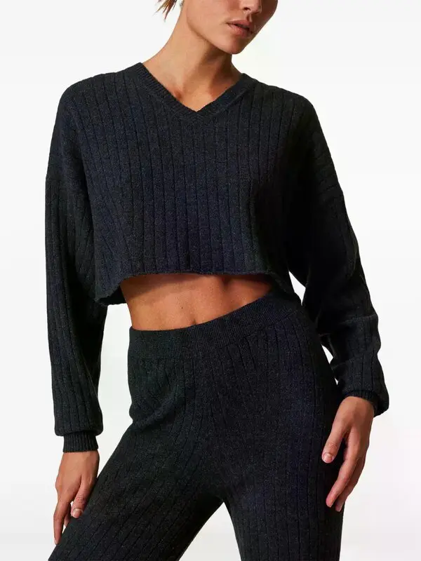 TWINSET Wool Blend Ribbed Knit Cropped V-neck Sweater
