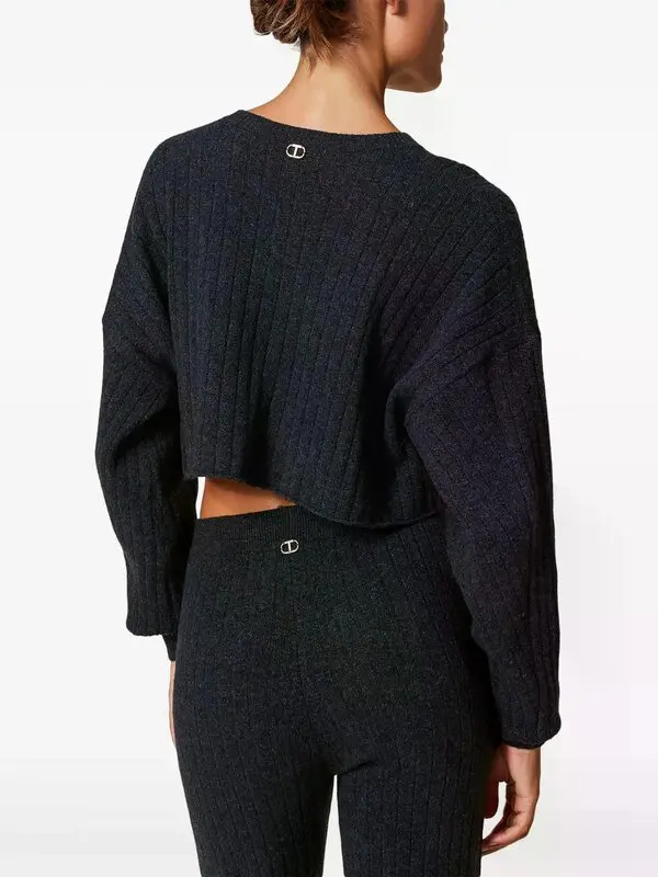 TWINSET Wool Blend Ribbed Knit Cropped V-neck Sweater