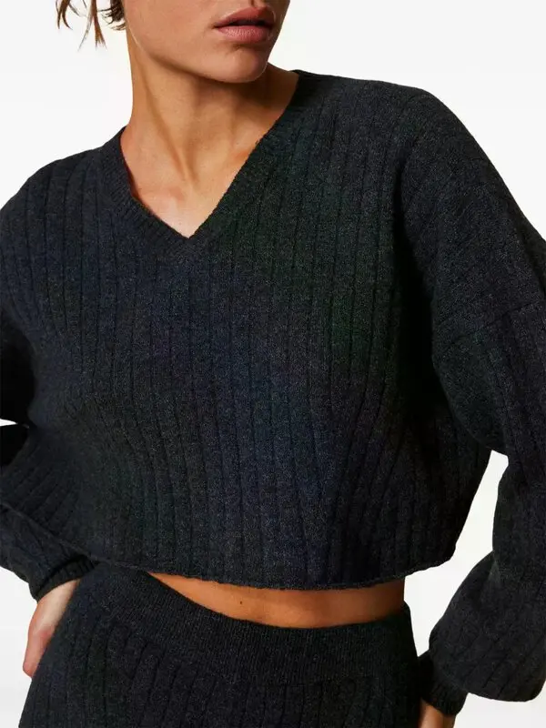 TWINSET Wool Blend Ribbed Knit Cropped V-neck Sweater