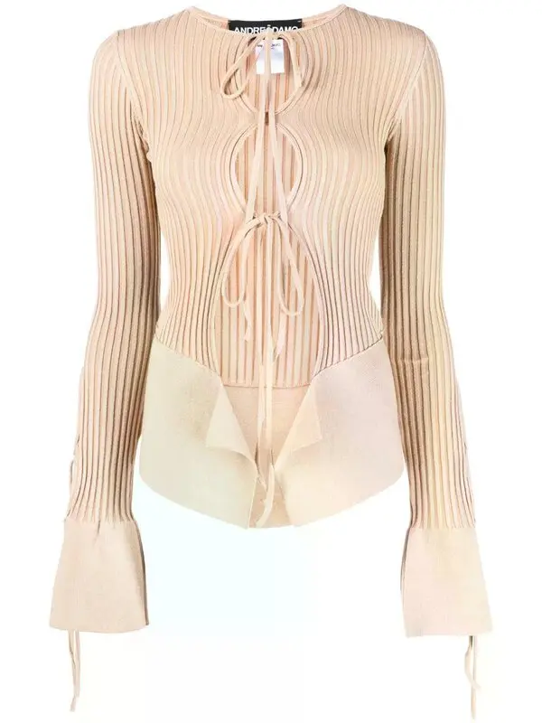 ANDREĀDAMO Tie-fastening Long-sleeve Knitted Top - Neutrals