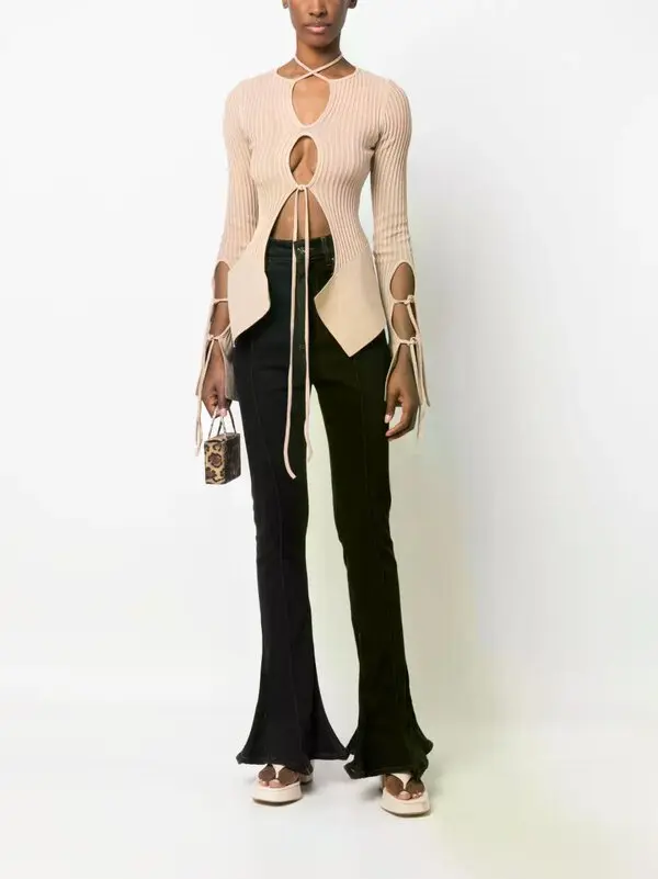 ANDREĀDAMO Tie-fastening Long-sleeve Knitted Top - Neutrals