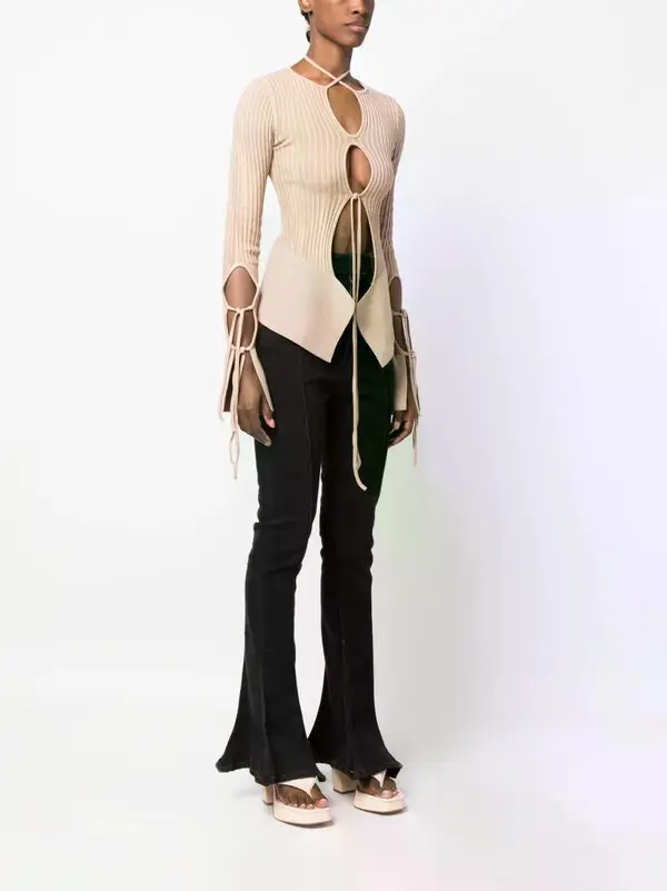 ANDREĀDAMO Tie-fastening Long-sleeve Knitted Top - Neutrals