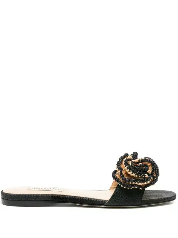 ARTEANA Floral Appliqué Leather Slides - Black