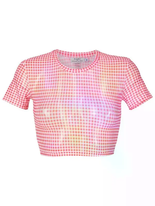 AMIR SLAMA Gingham-check Pattern Crop T-shirt