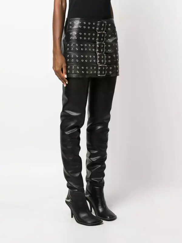 MANOKHI Belted Leather Mini Skirt With Eyelet Embellishment