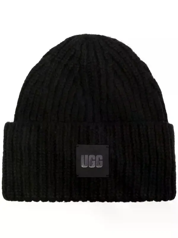 UGG Logo-patch Ribbed-knit Beanie - Black