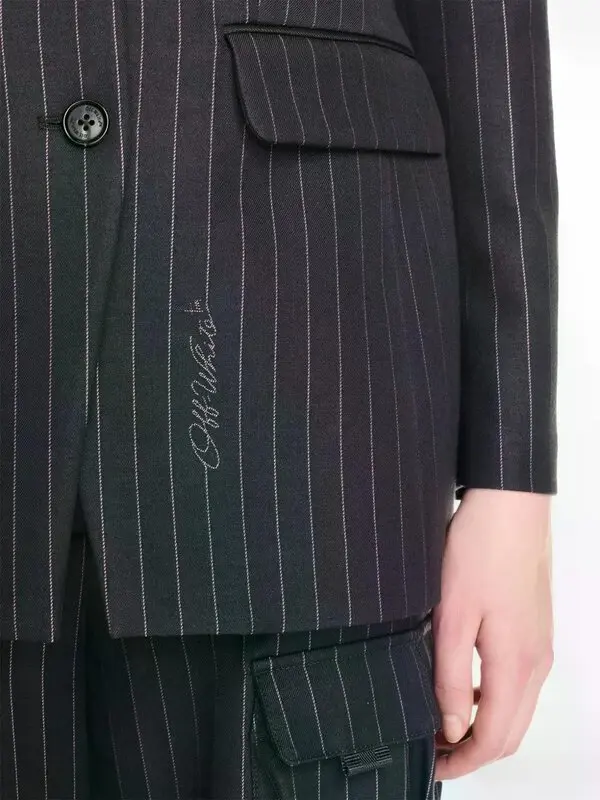 Off-White Pinstripe Virgin Wool Blazer With Embroidered Logo