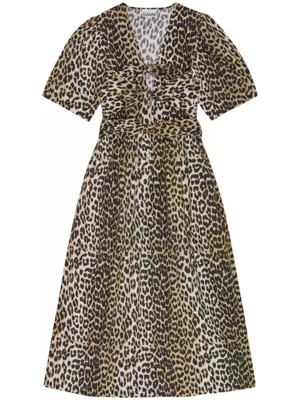 GANNI Leopard-print Organic Cotton V-neck Midi Dress With Tie Detail - Brown