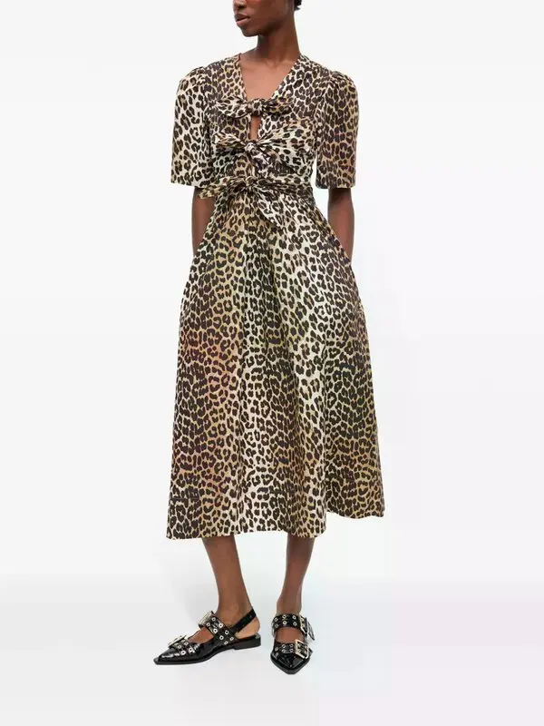 GANNI Leopard-print Organic Cotton V-neck Midi Dress With Tie Detail - Brown