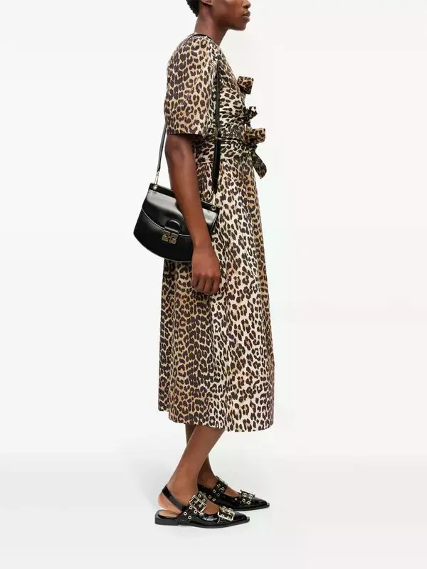 GANNI Leopard-print Organic Cotton V-neck Midi Dress With Tie Detail - Brown