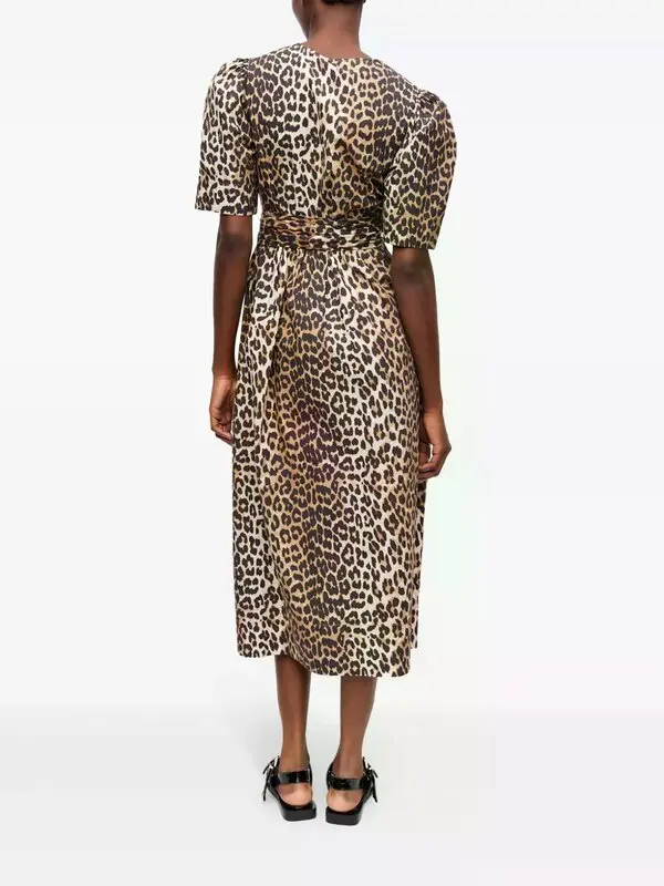 GANNI Leopard-print Organic Cotton V-neck Midi Dress With Tie Detail - Brown