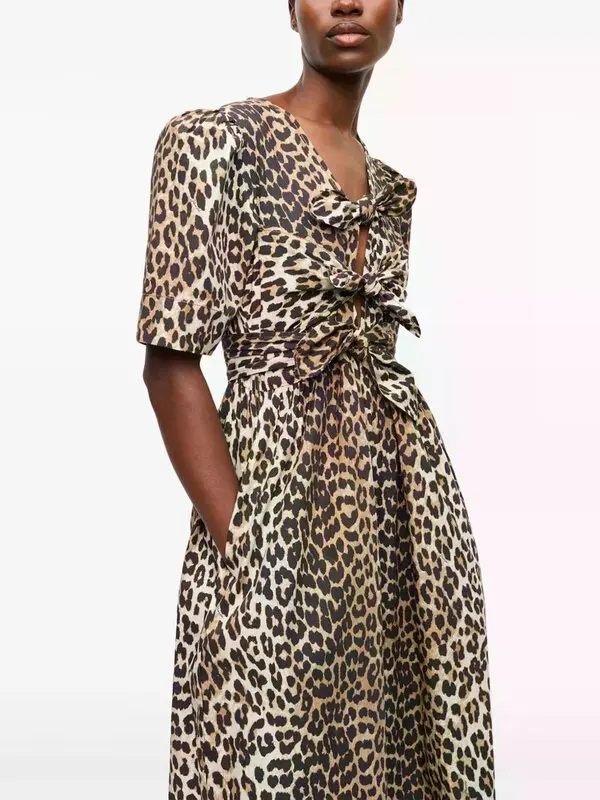 GANNI Leopard-print Organic Cotton V-neck Midi Dress With Tie Detail - Brown