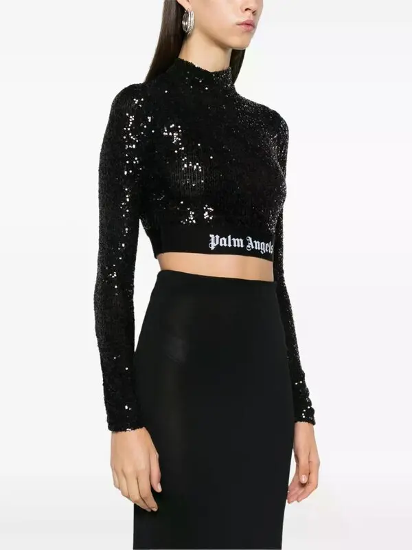 Palm Angels Sequined Mock Neck Cropped Top